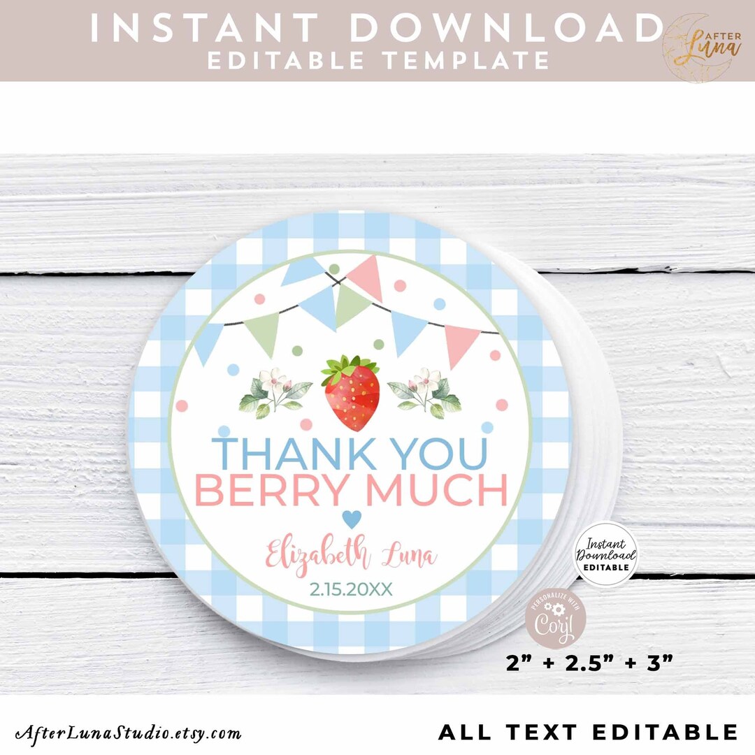 Editable Strawberry Thank You Berry Much Tag Round Tag Sticker Label ...