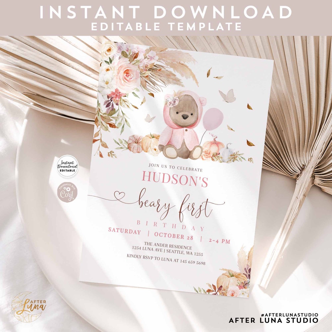 Editable Girl Fall Pumpkin Teddy Bear Birthday Invitation - Etsy