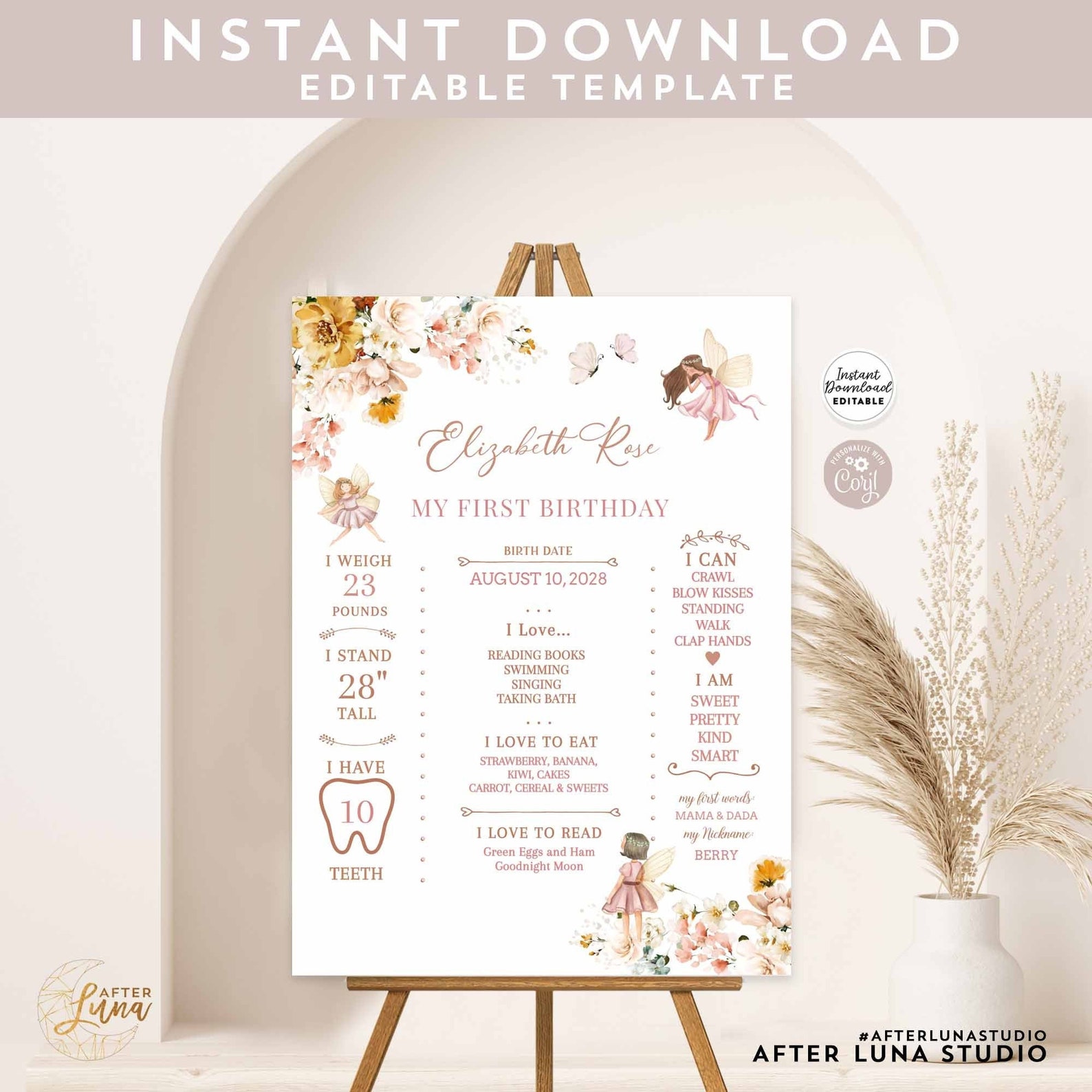 Editable Blush Pink Fairy Birthday Milestone Poster Template | Etsy