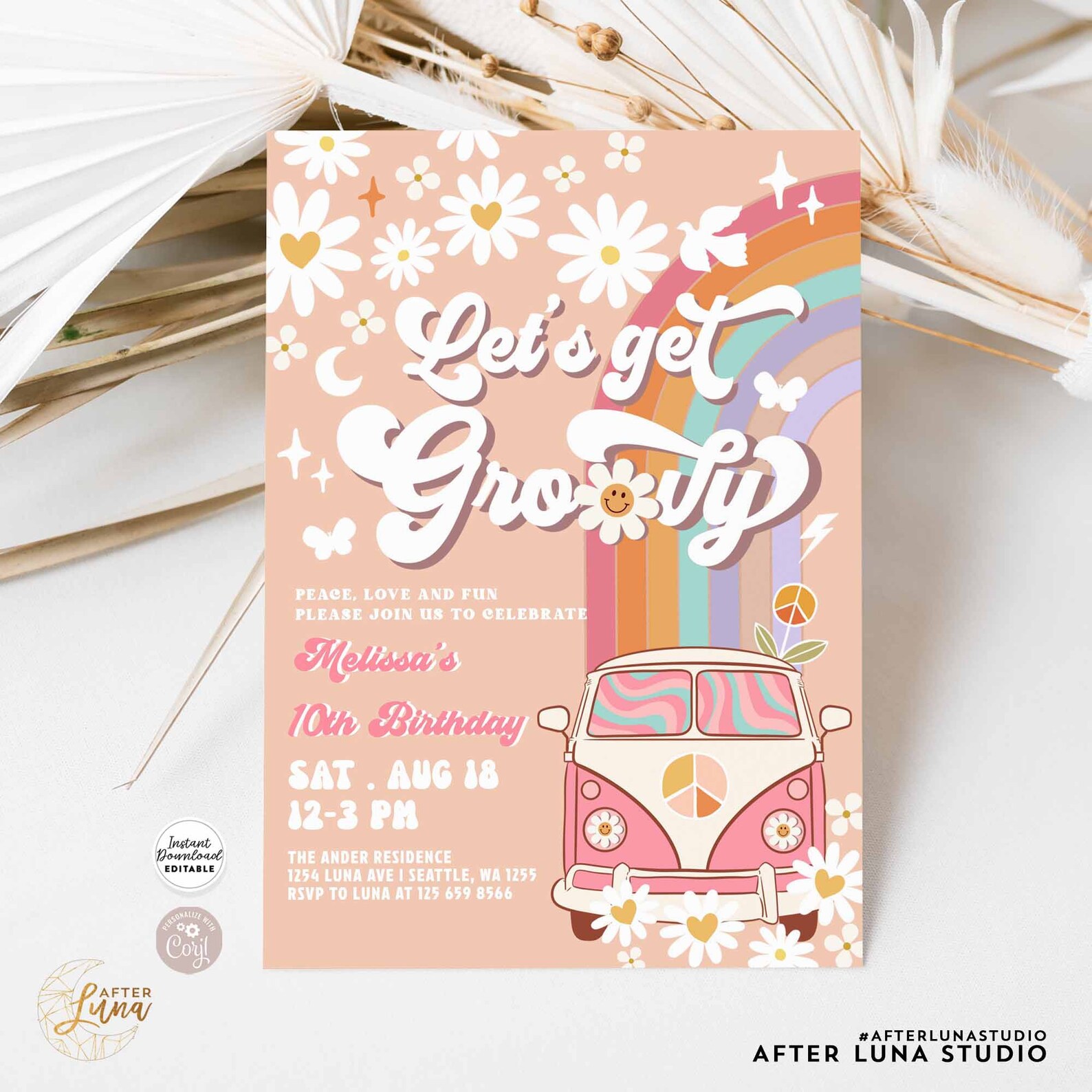 Editable ANY AGE Pink Groovy Van Daisy Rainbow Let's Get - Etsy
