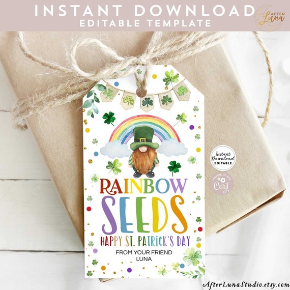 Editable St. Patrick's Day Gnome Rainbow Seeds Gift Tag | Etsy