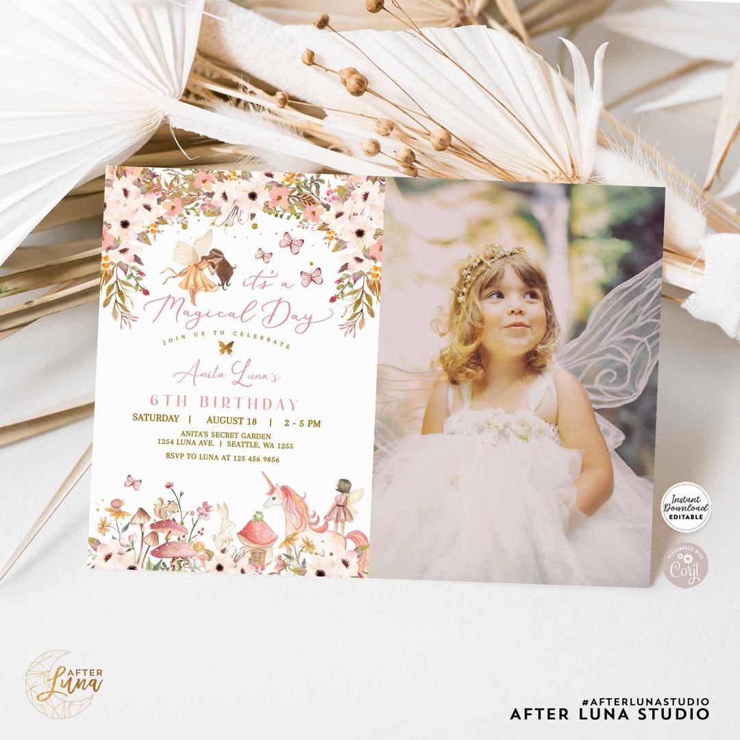 Editable Enchanted Magical Unicorn Fairy Birthday Invitation Garden ...