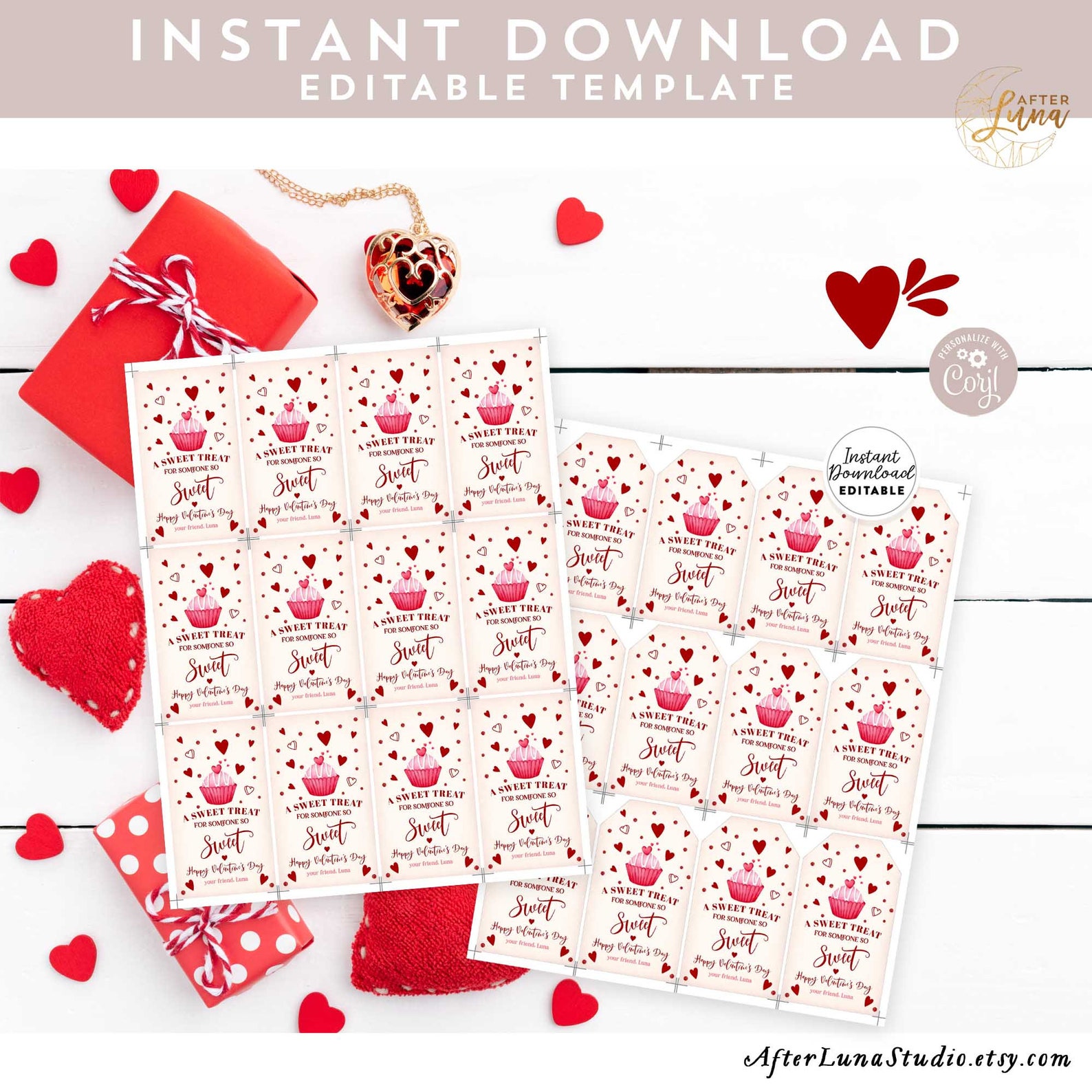 EDITABLE Valentine Sweet Treat Favor Tag Hearts Cupcake Tag Baby Shower ...