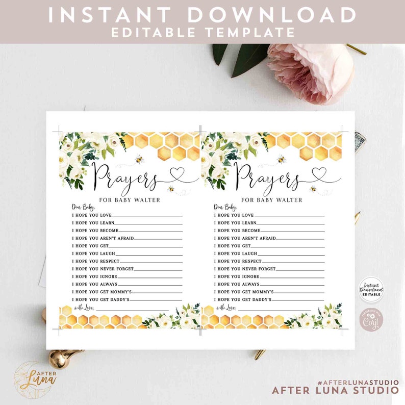 Editable Rustic Honey Bee Personalized Prayer Card for Baby | Etsy