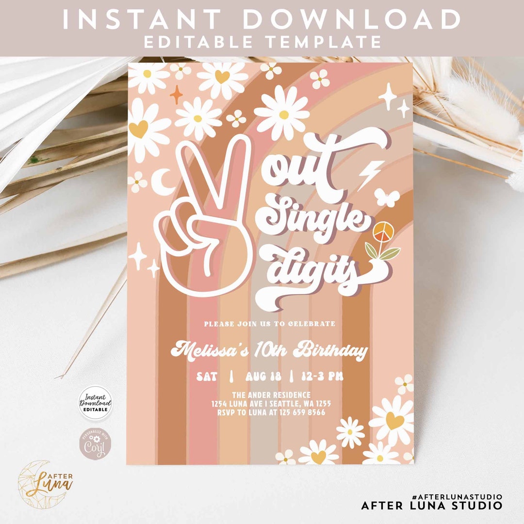 Editable Peace Out Single Digits Invites Fall Groovy 10th - Etsy