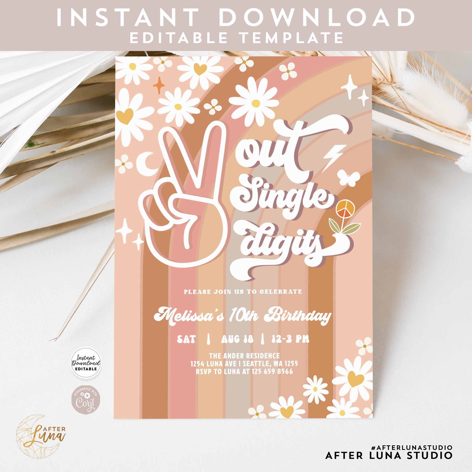 Editable Peace Out Single Digits Invites Fall Groovy 10th - Etsy