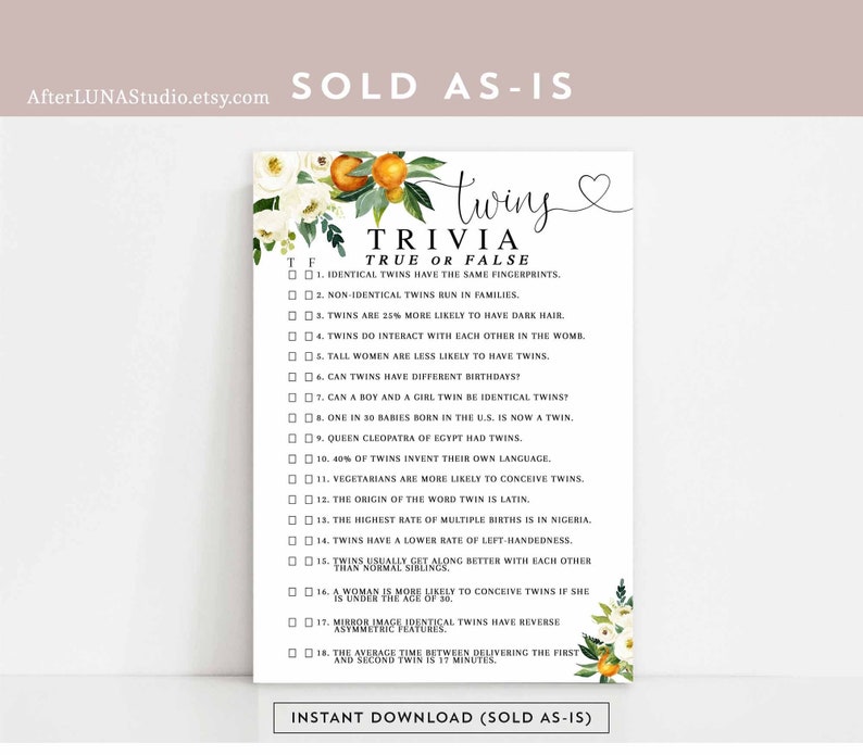 Orange Twins Trivia Citrus Baby Shower Trivia Game Printable Little ...