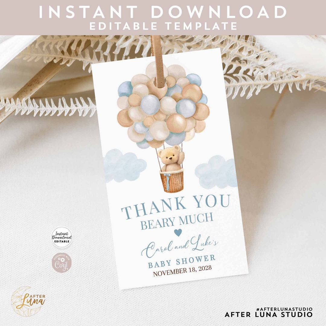 Editable Boy Blue Teddy Bear Hot Air Balloon Bear Baby Shower Thank You ...