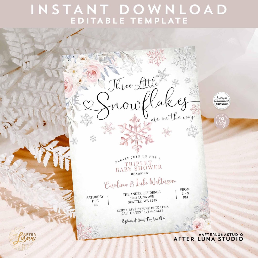 Editable TRIPLETS Pink Winter Snowflake Dusty Pink Silver Three Little ...