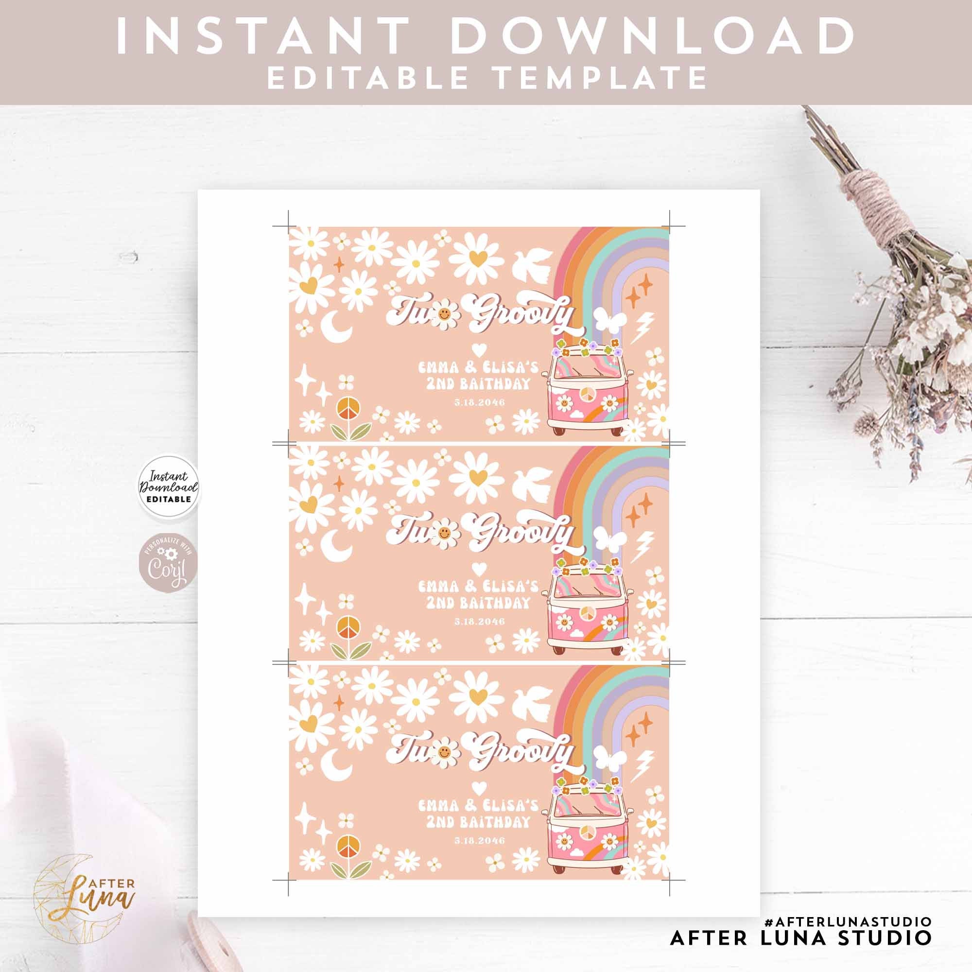 Editable ANY WORDING Pink Groovy Van Daisy TWO Groovy One Birthday ...