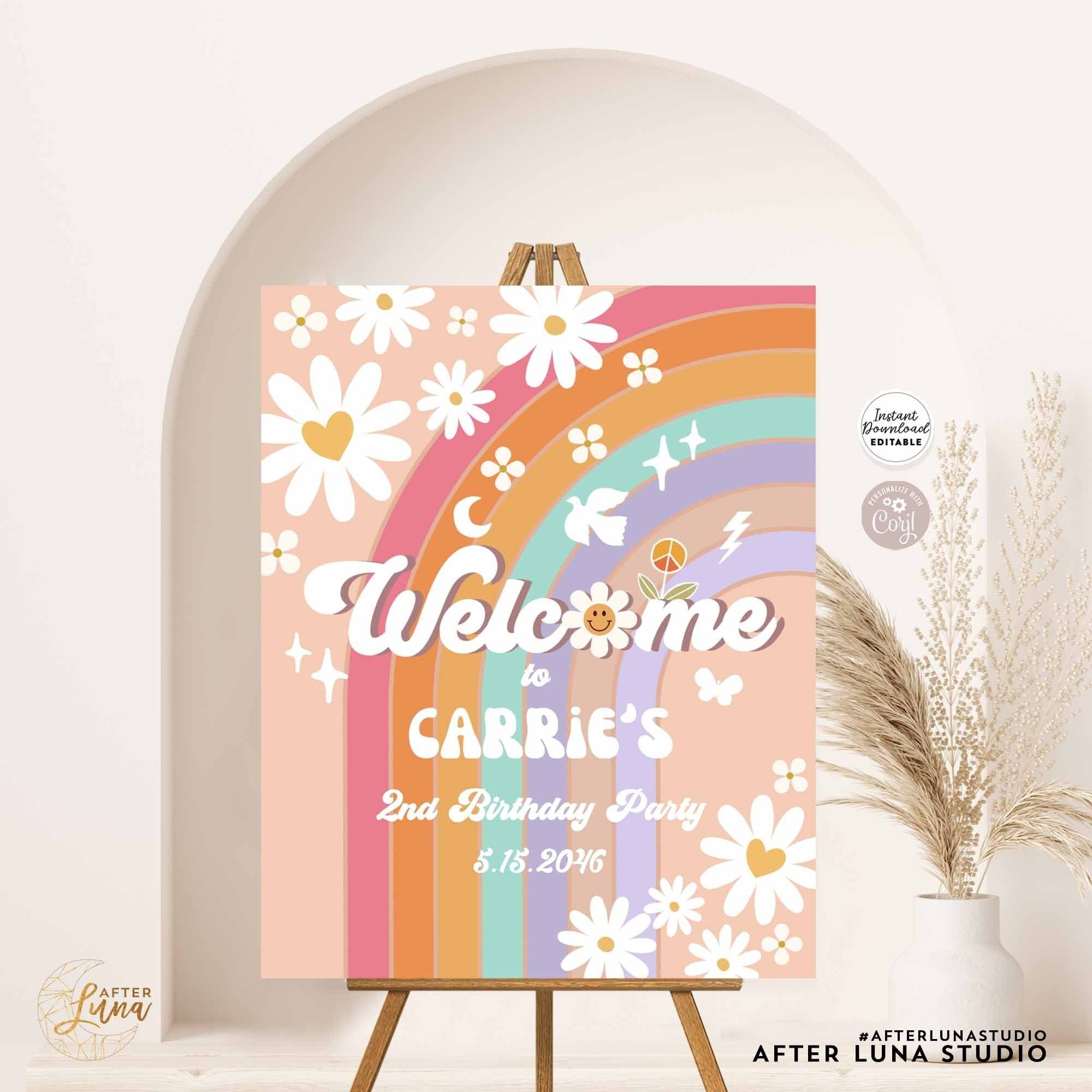 Editable Groovy Party Decor Welcome Sign Daisy Groovy Rainbow Green ...