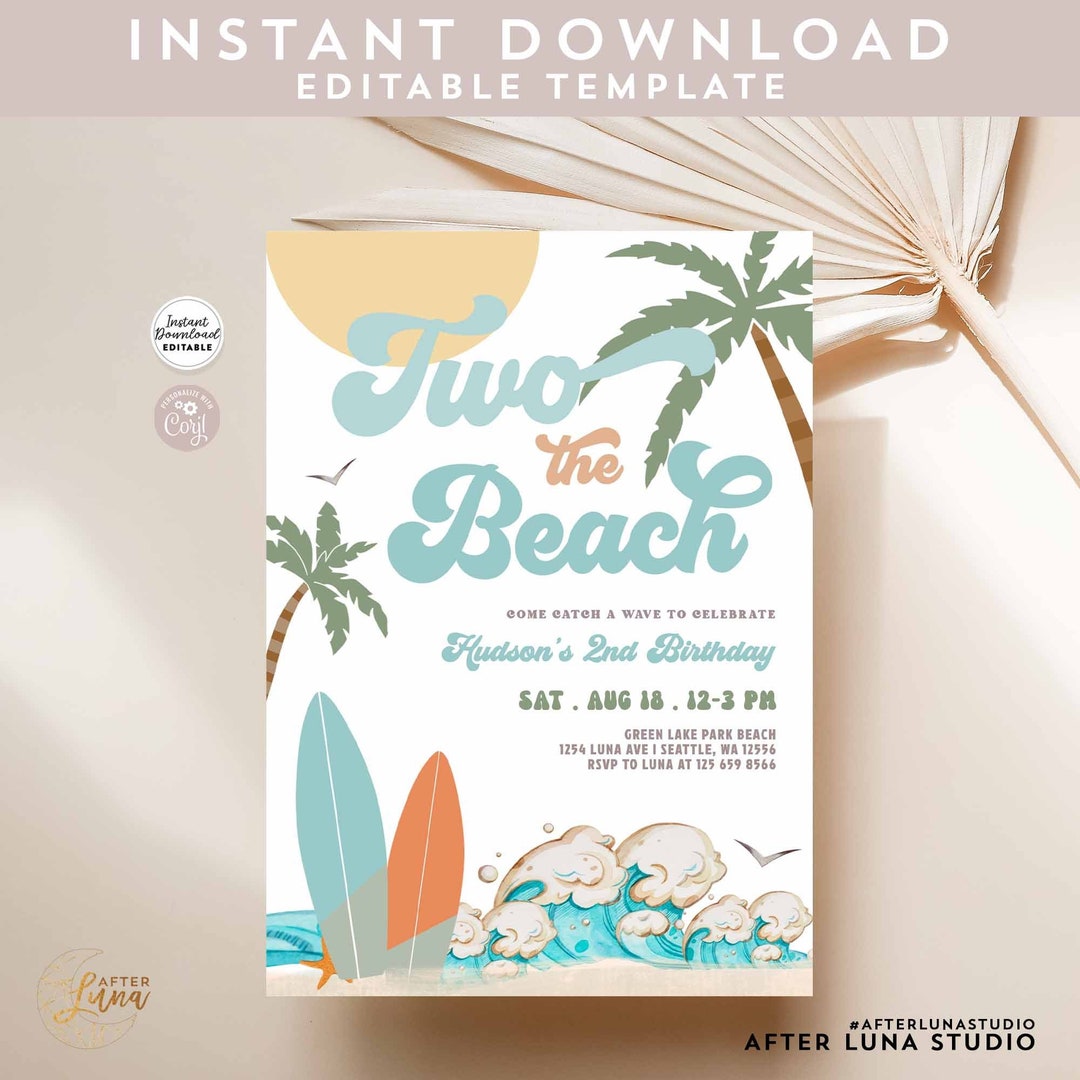 Editable Boy Surf Surfing 2nd Birthday Invite Two the Beach Modern ...