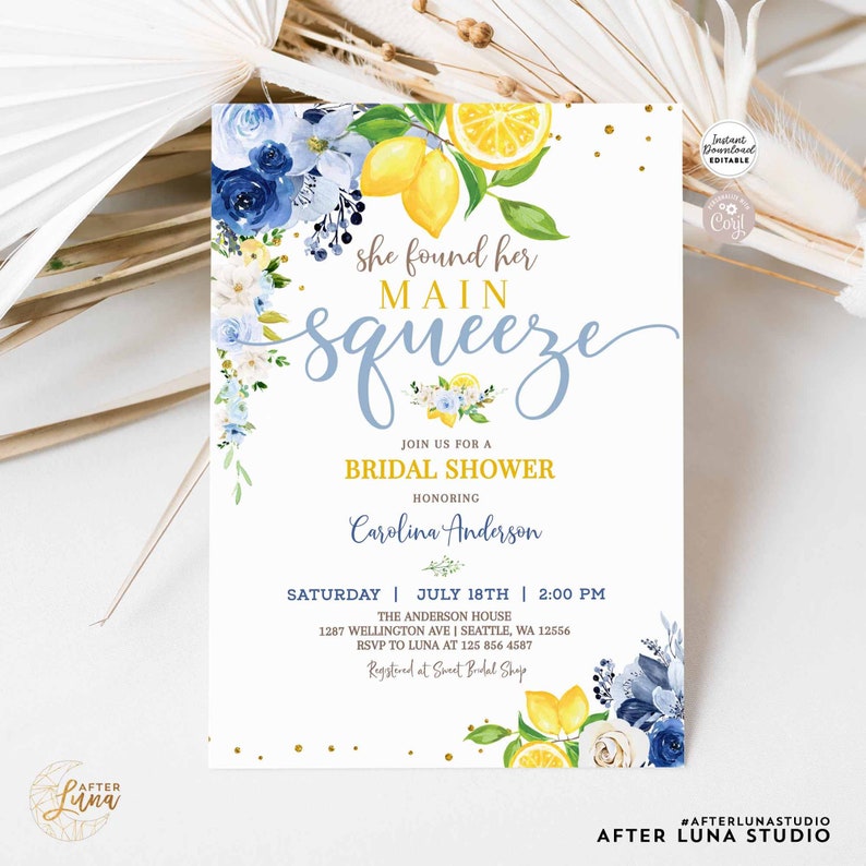 Editable Blue Lemon Bridal Shower Invitation Blue Floral Citrus She ...