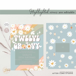 Editable Groovy 12th Birthday Invite Muted Green Blue 12th Birthday ...