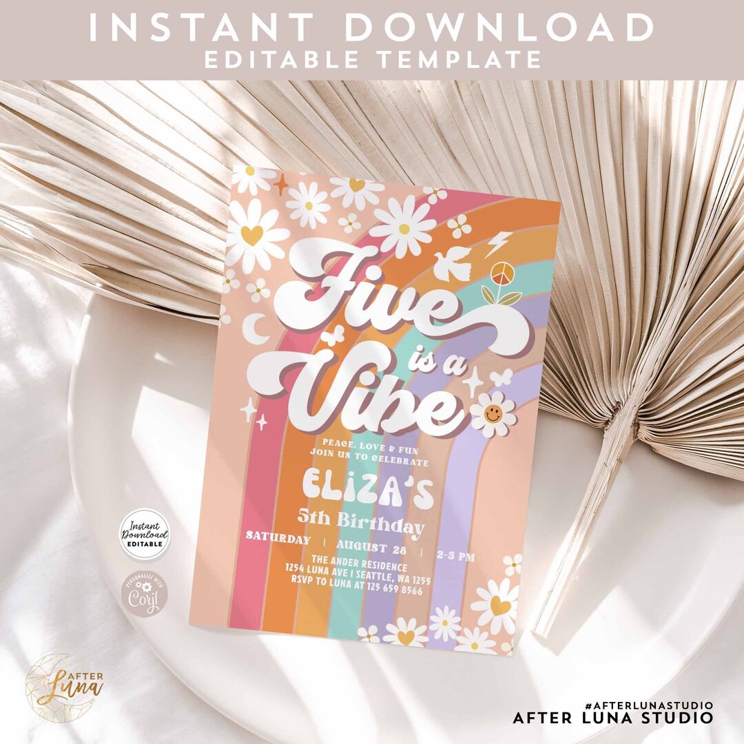 Editable 5th Groovy Birthday Invite Five is a Vibe Daisy Rainbow Groovy ...