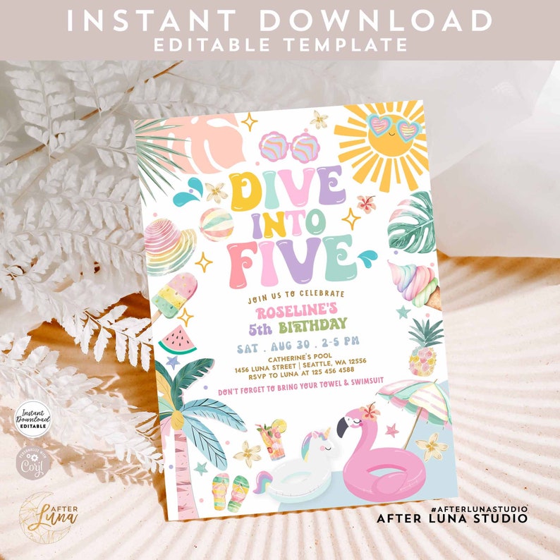 Tropical Dive Into Five 5th Birthday Invitation: Beach Pool Party ...