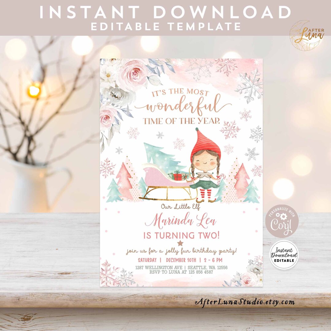 Editable ANY AGE Pink Elf Birthday Invitation Girl Elf Pastel Pink ...