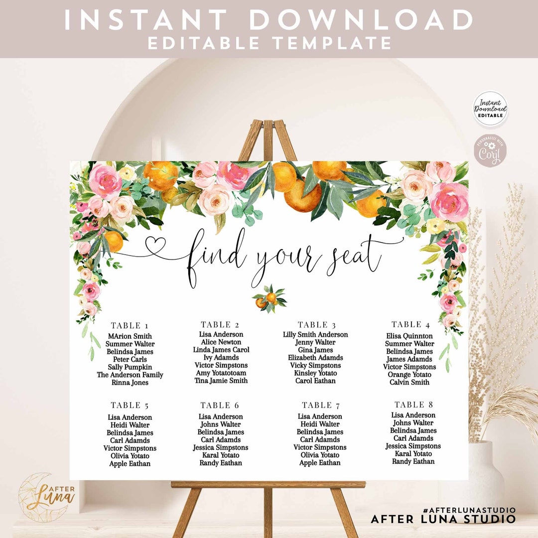 Editable Pink Floral Orange Seating Chart Find Your Seat ANY EVENT Baby ...