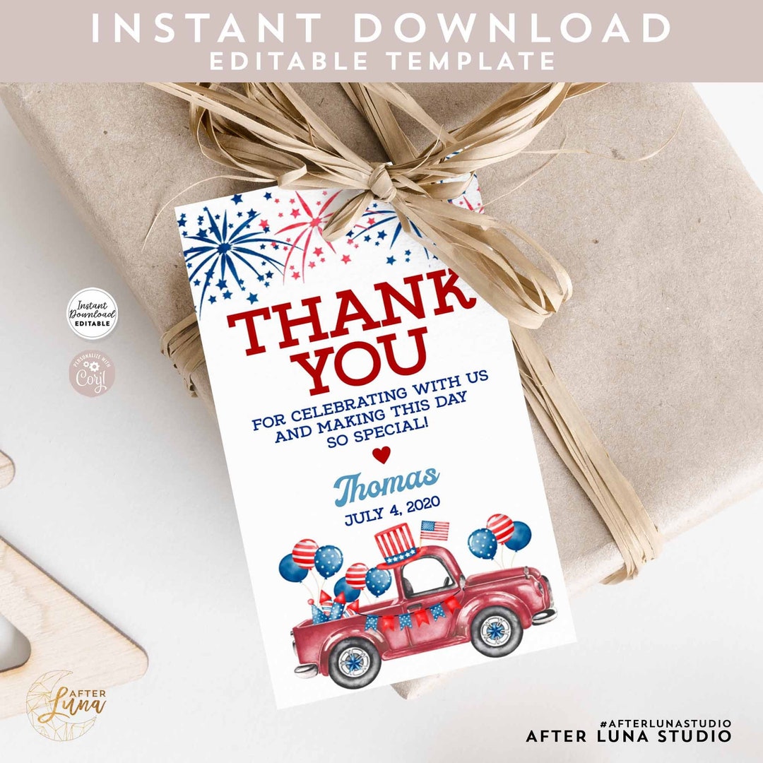 Editable 4th of July Thank You Favor Gift Tag July 4th Red Pickup Truck ...