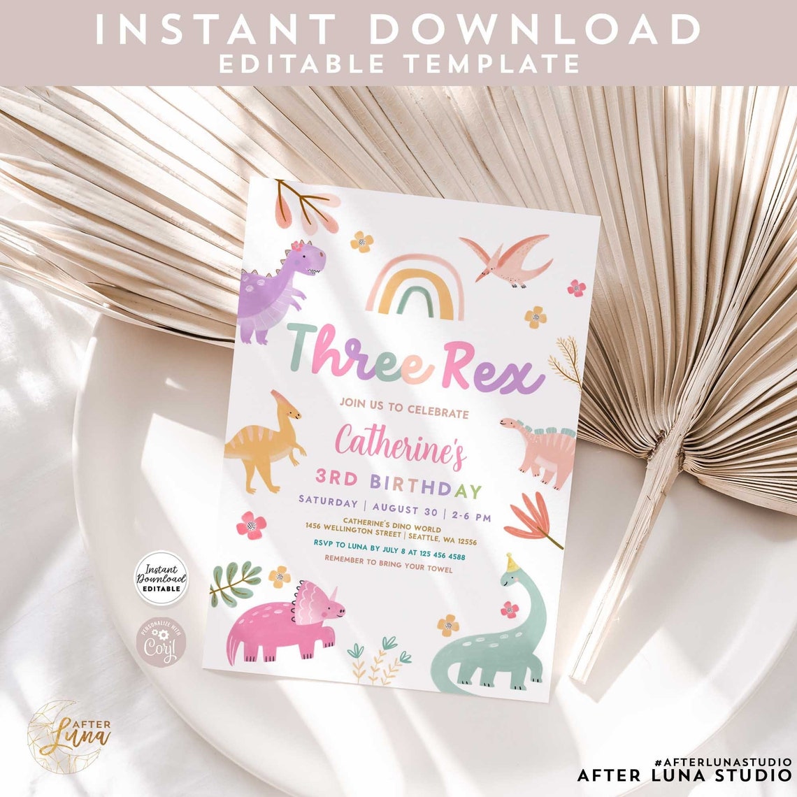 Editable Three Rex Invitation Dino Birthday Invite 3 Rex Pink - Etsy