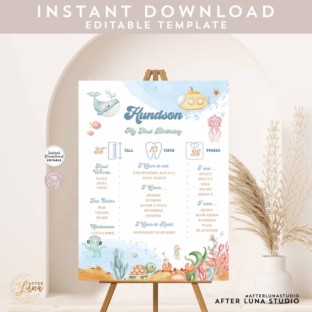 Editable Under the Sea Cute Whale Sea Turtle Beach 1st Birthday Party ...