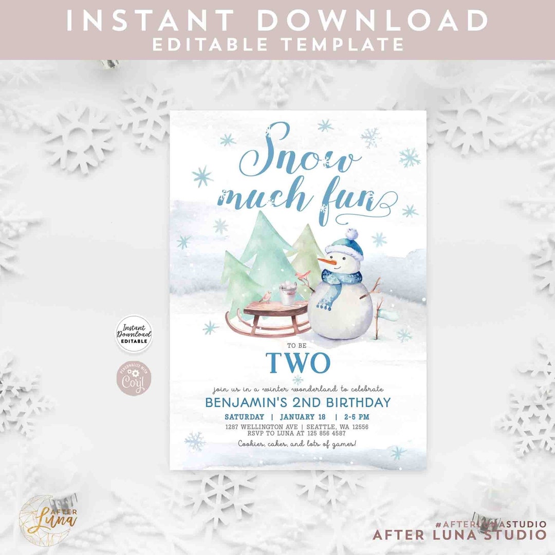 Editable ANY AGE Snowman Boy Snow Much Fun Birthday Invitation Winter ...