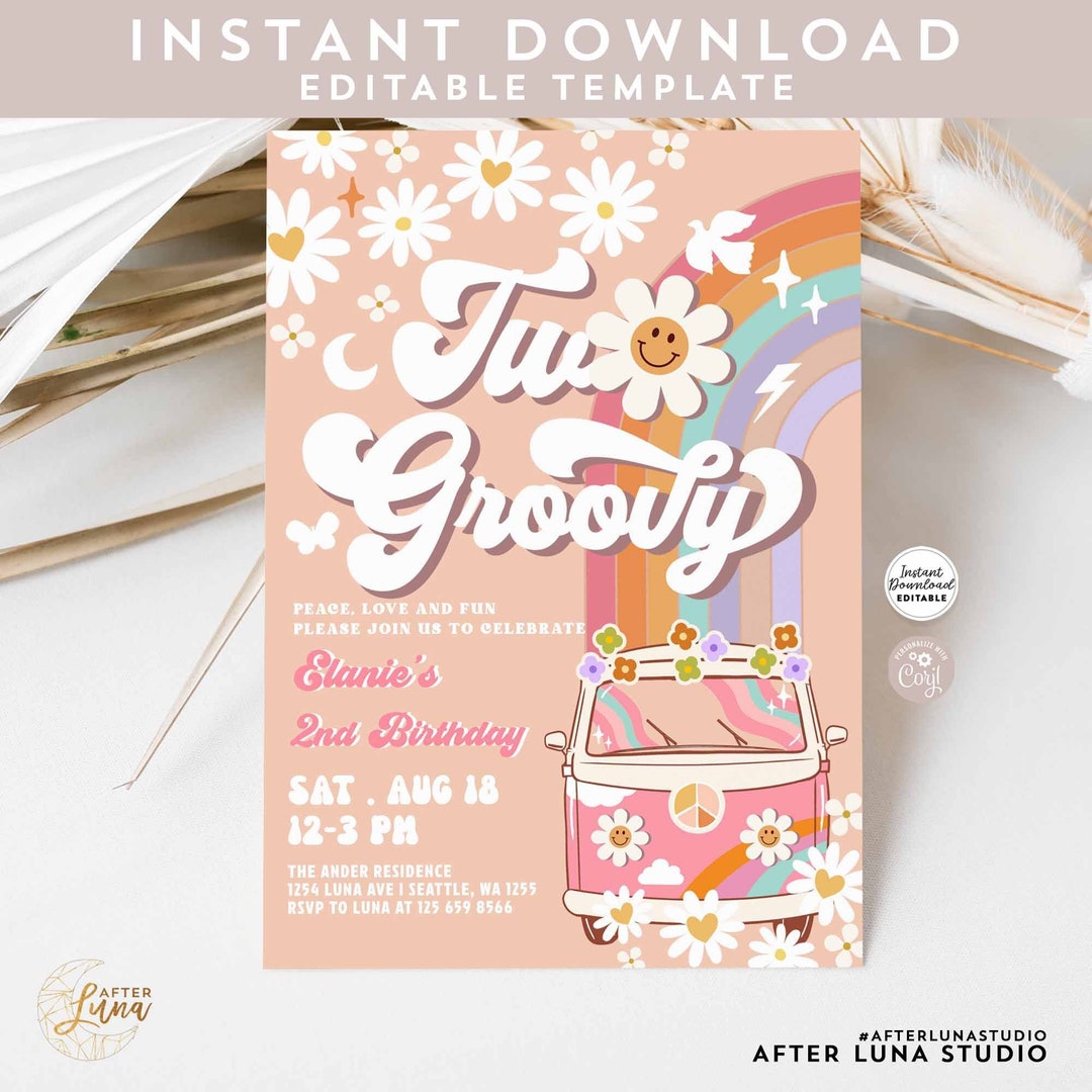 Editable Two Groovy Invite Groovy 2nd Birthday Invite Pink Daisy ...