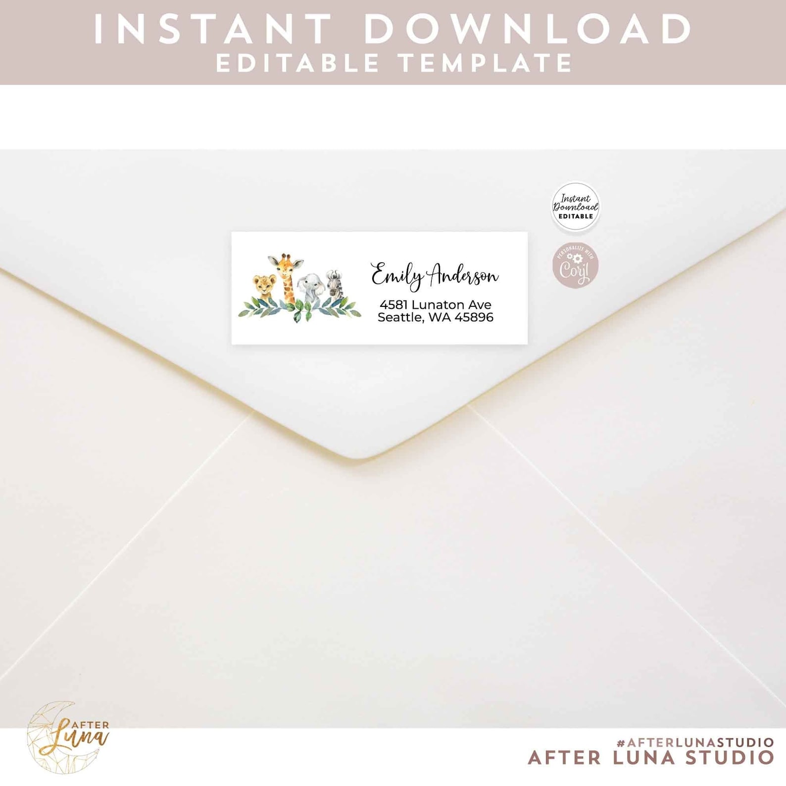 Editable Greenery Safari African Animal Return Address Label | Etsy