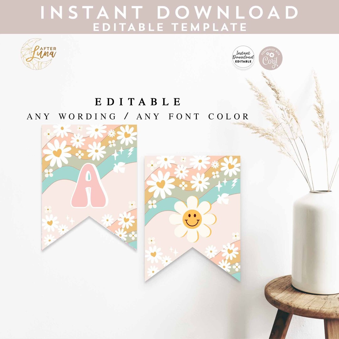 Editable Groovy Pennant Banner Pink Peach Two Groovy One Birthday Party ...