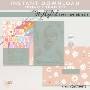 Editable One Groovy Babe Invite Daisy Rainbow Groovy 1st Birthday ...