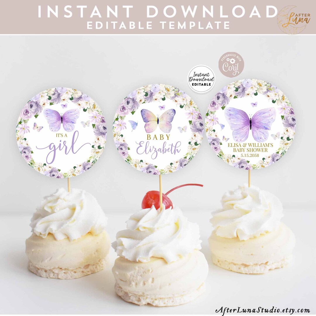 Editable 2" Purple Lavender Butterfly Cupcake Topper Baby Shower ...