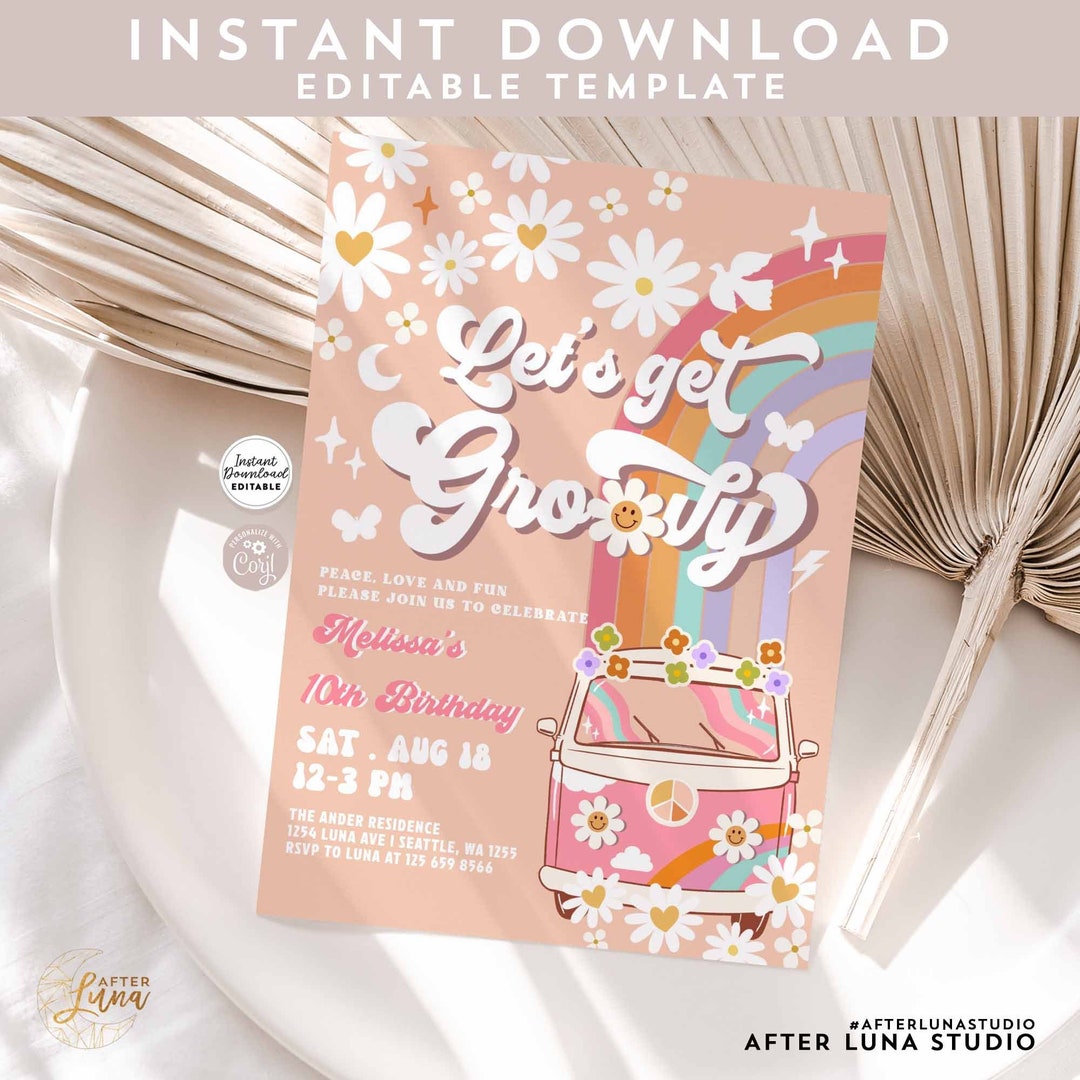 Editable ANY AGE Pink Groovy Van Daisy Rainbow Let's Get Groovy ...