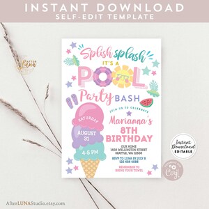 Editable Pool Party Invitation Girl Ice Cream Pool Party Invite Pool ...