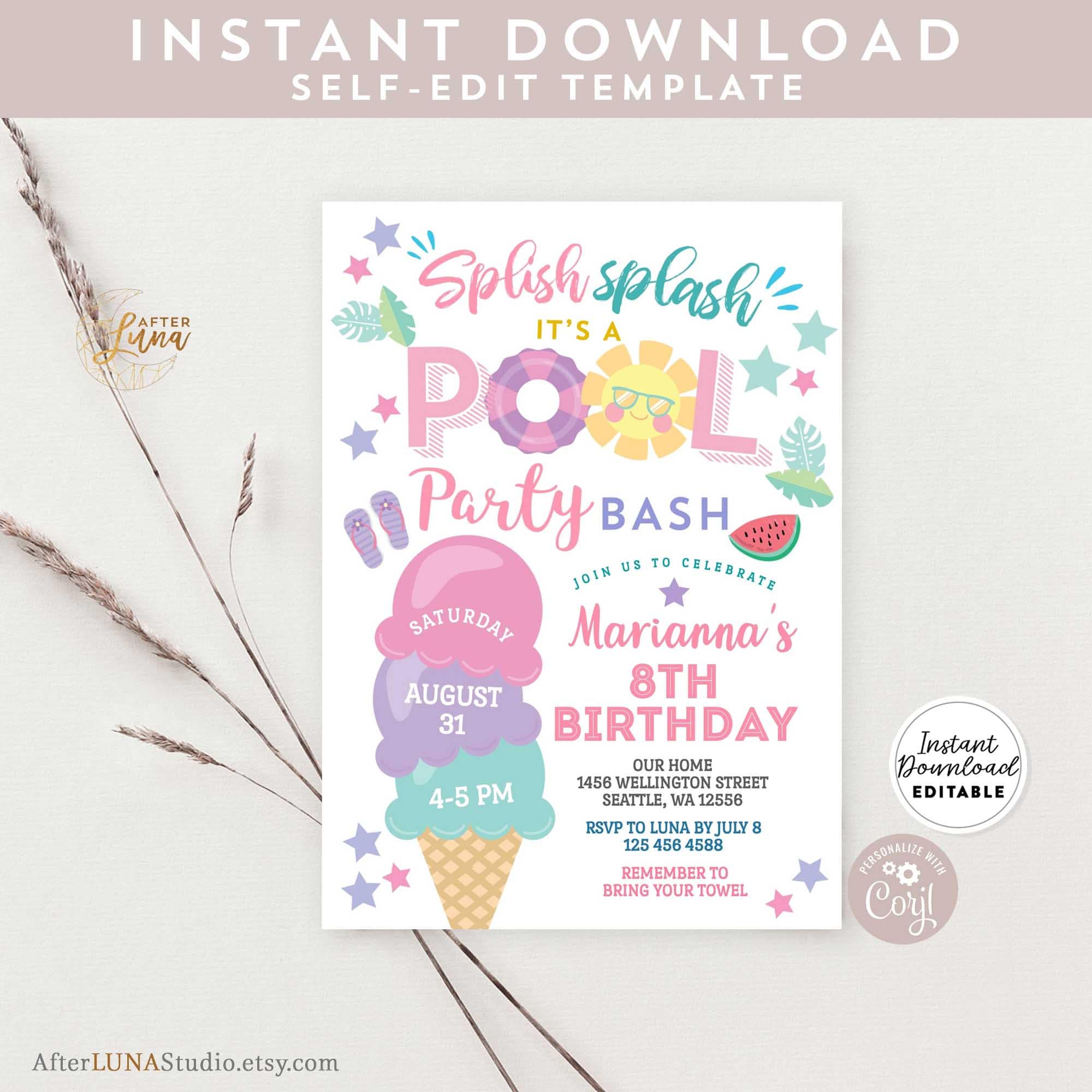 Editable Pool Party Invitation Girl Ice Cream Pool Party Invite Pool ...