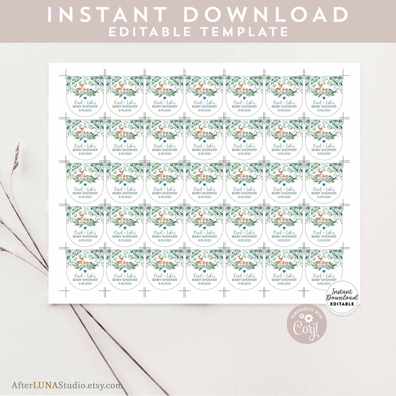 Editable Mini Hand Sanitizer Label Greenery Woodland Deer Bear | Etsy