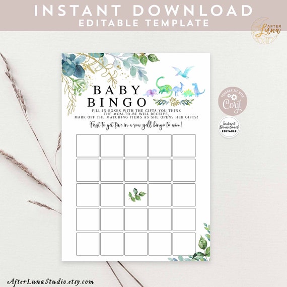 Editable Greenery Dino Dinosaur Baby Bingo Baby Shower Bingo | Etsy