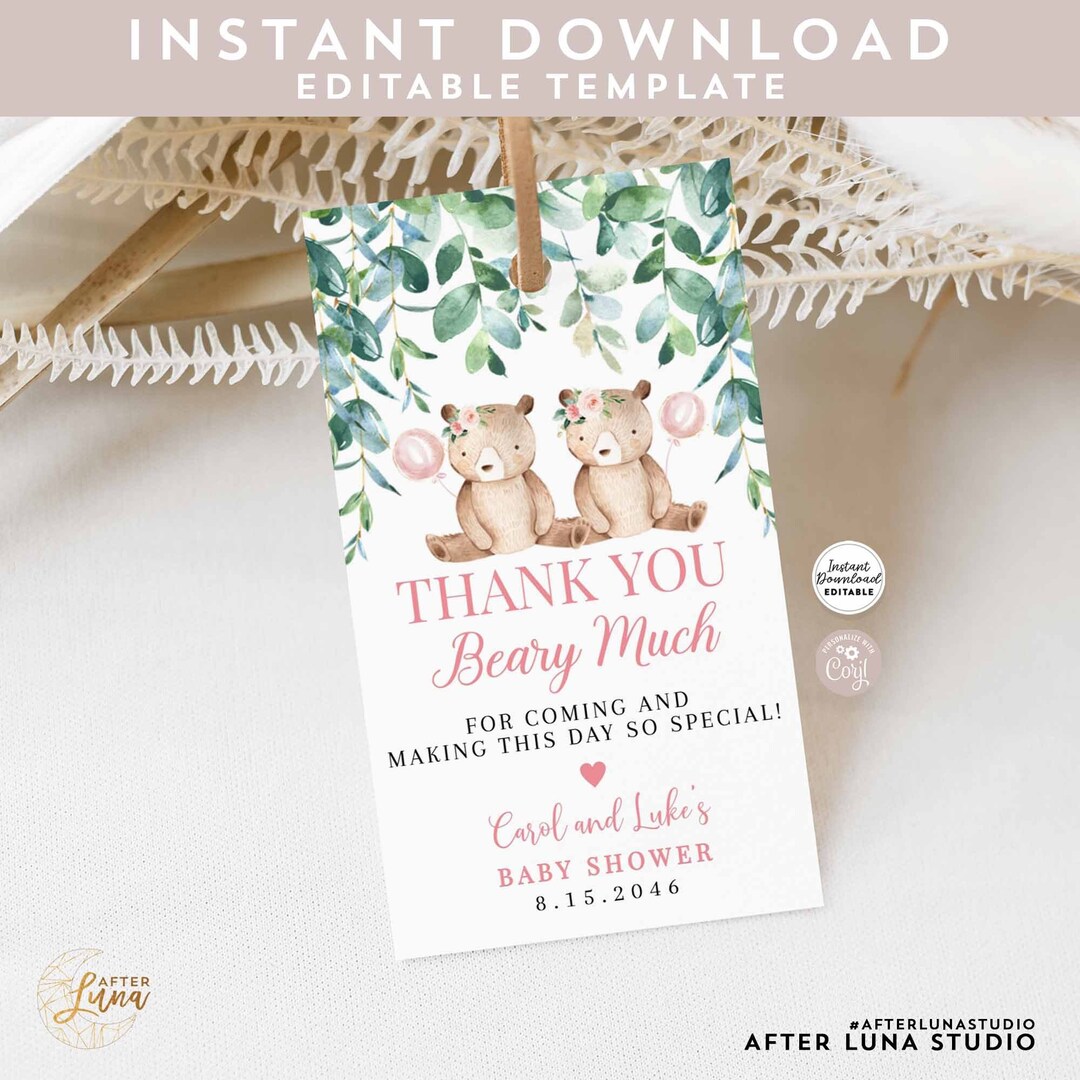 Editable Greenery TWIN GIRLS Teddy Bear Baby Shower Thank You Beary ...