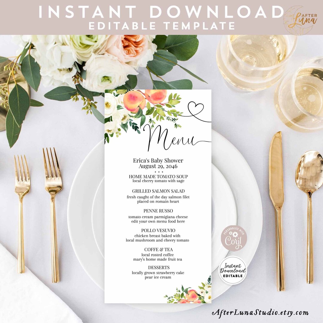 Editable Little Peach Menu Printable Baby Shower Birthday Card White ...