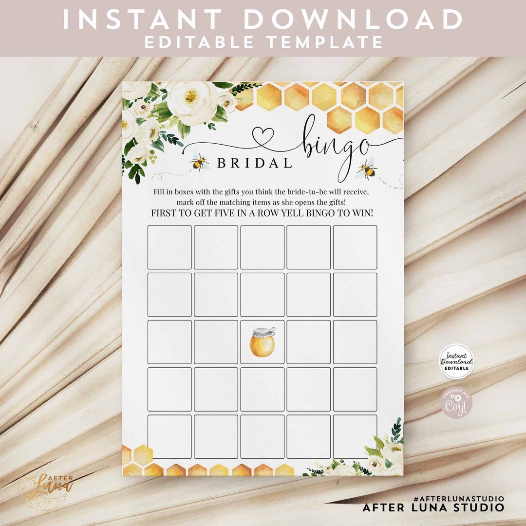 Editable Bridal Bingo Game Shower Game Bee Meant to Bee Wedding Couple ...