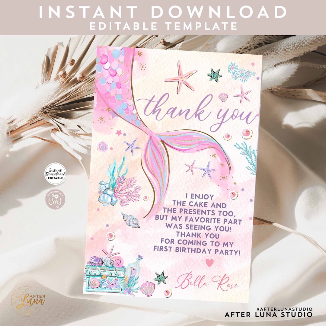Editable Mermaid Party 4x6 Thank You Flat Card Mermaid Birthday Party ...