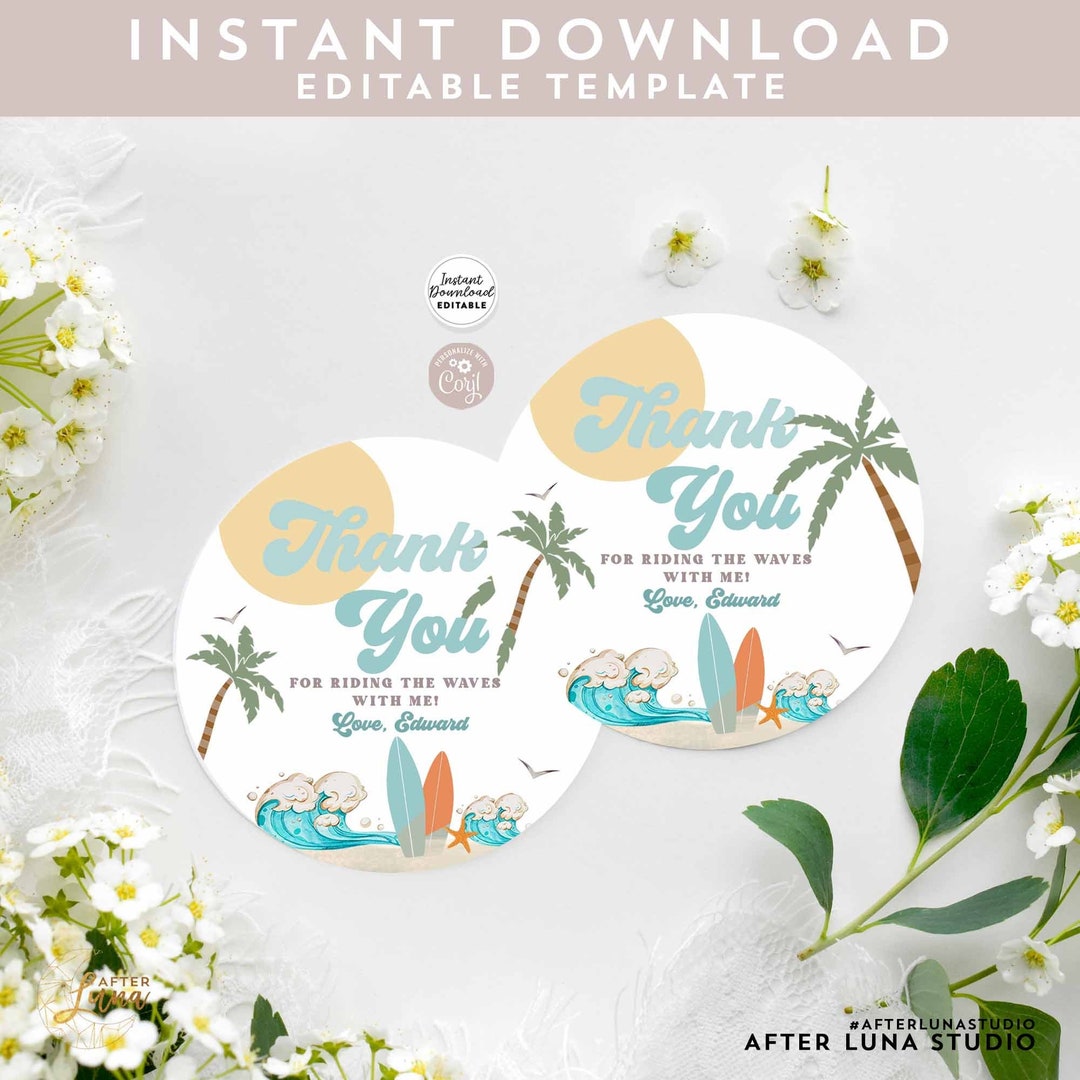 Editable Blue Boy Surfboard ROUND Tag the Big One Surf up Beach ...