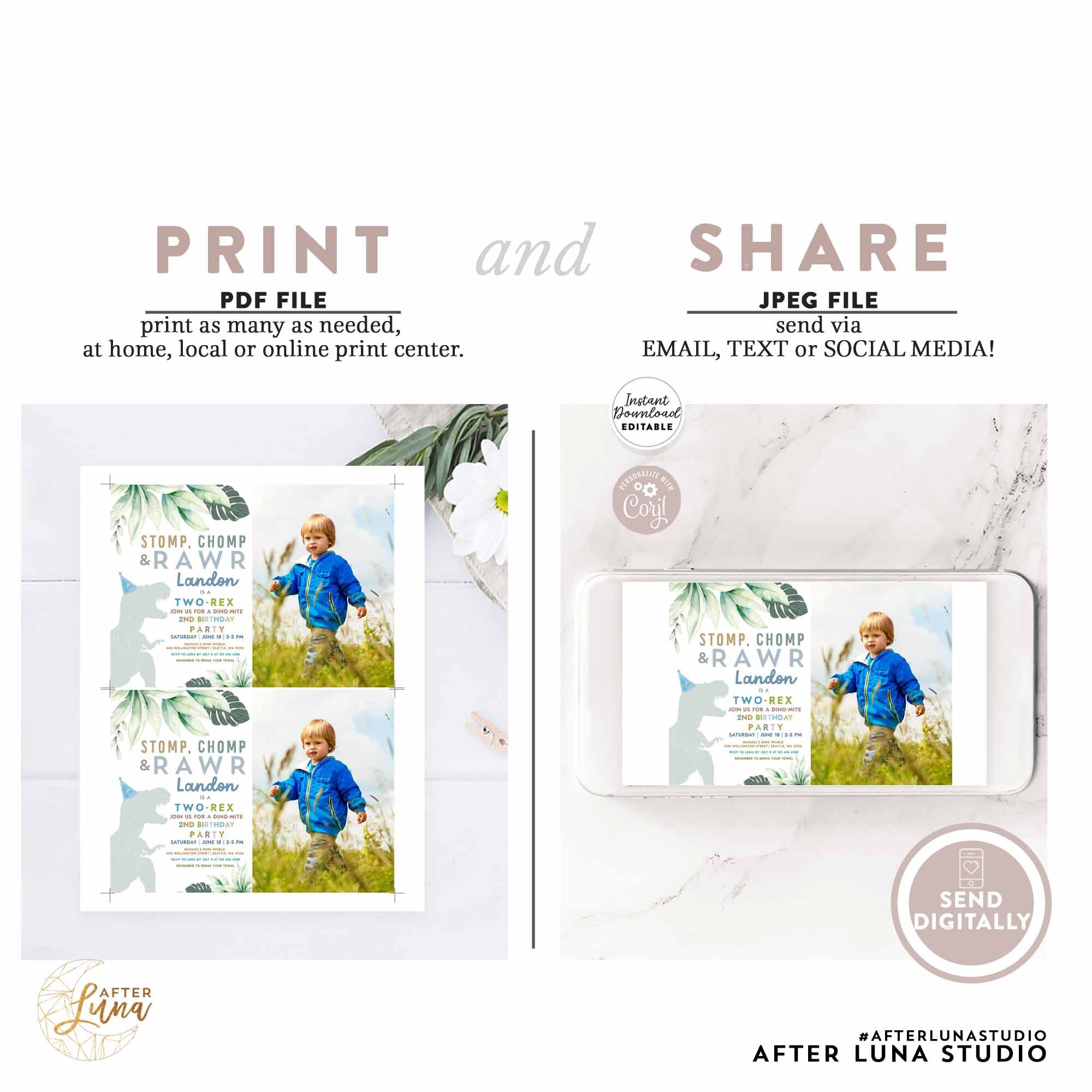 Editable 2nd Birthday Boy Two Rex Photo Invite Dino Dinosaur T - Etsy