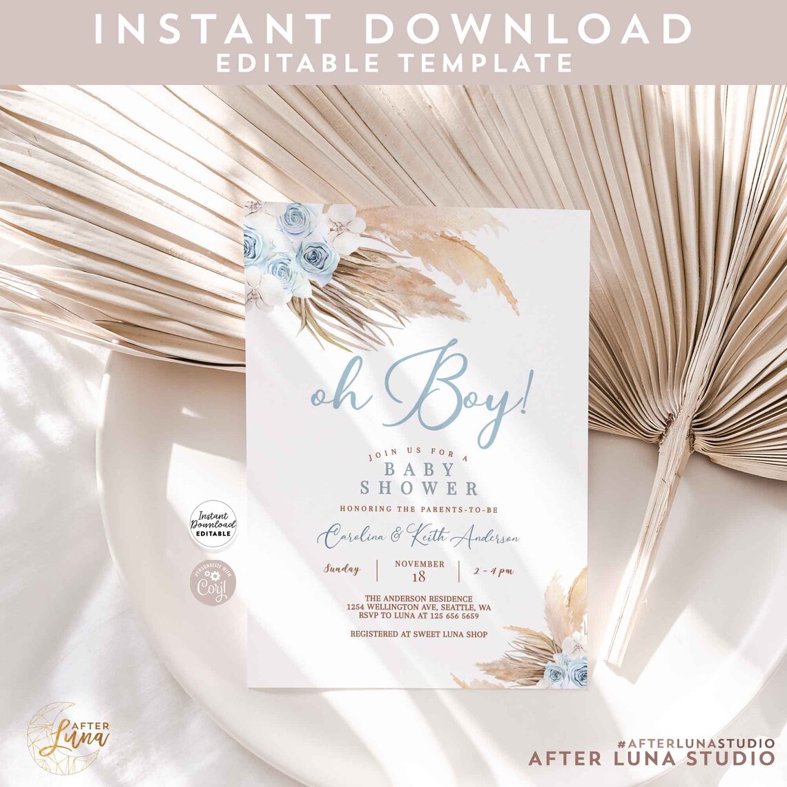 Editable Blue Pampas Grass Boho Baby Shower Invitation Boy - Etsy