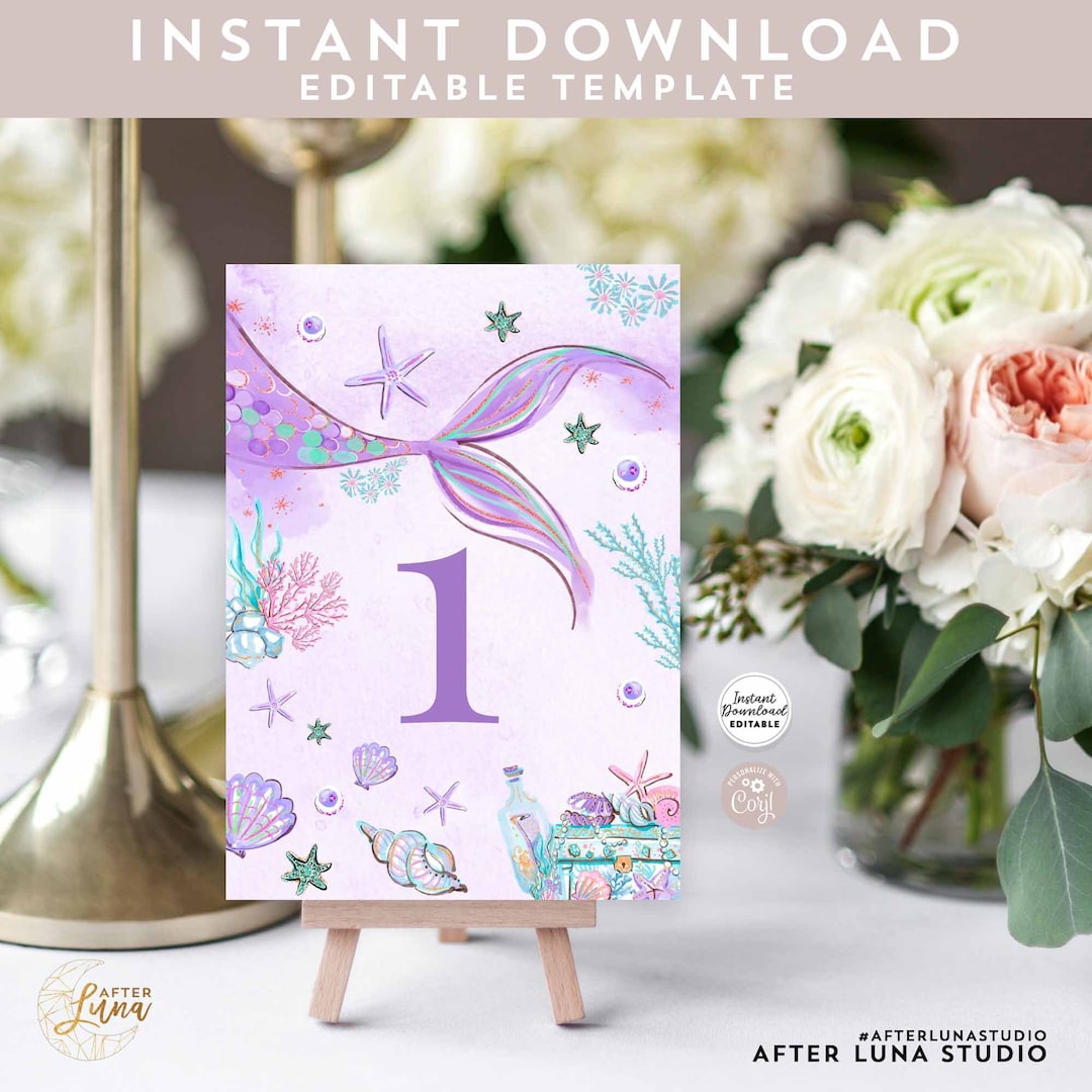 Editable Mermaid Purple Girl 5x7 Table Number Unlimited Numbers Couple ...