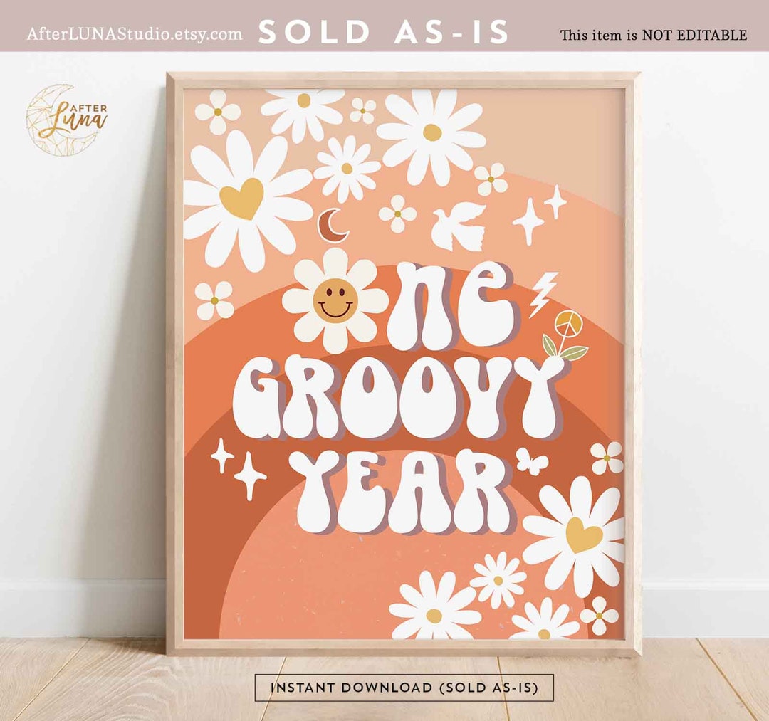 Groovy Birthday Party Decor Daisy One Groovy Year Sign Decor 70' Hippie ...
