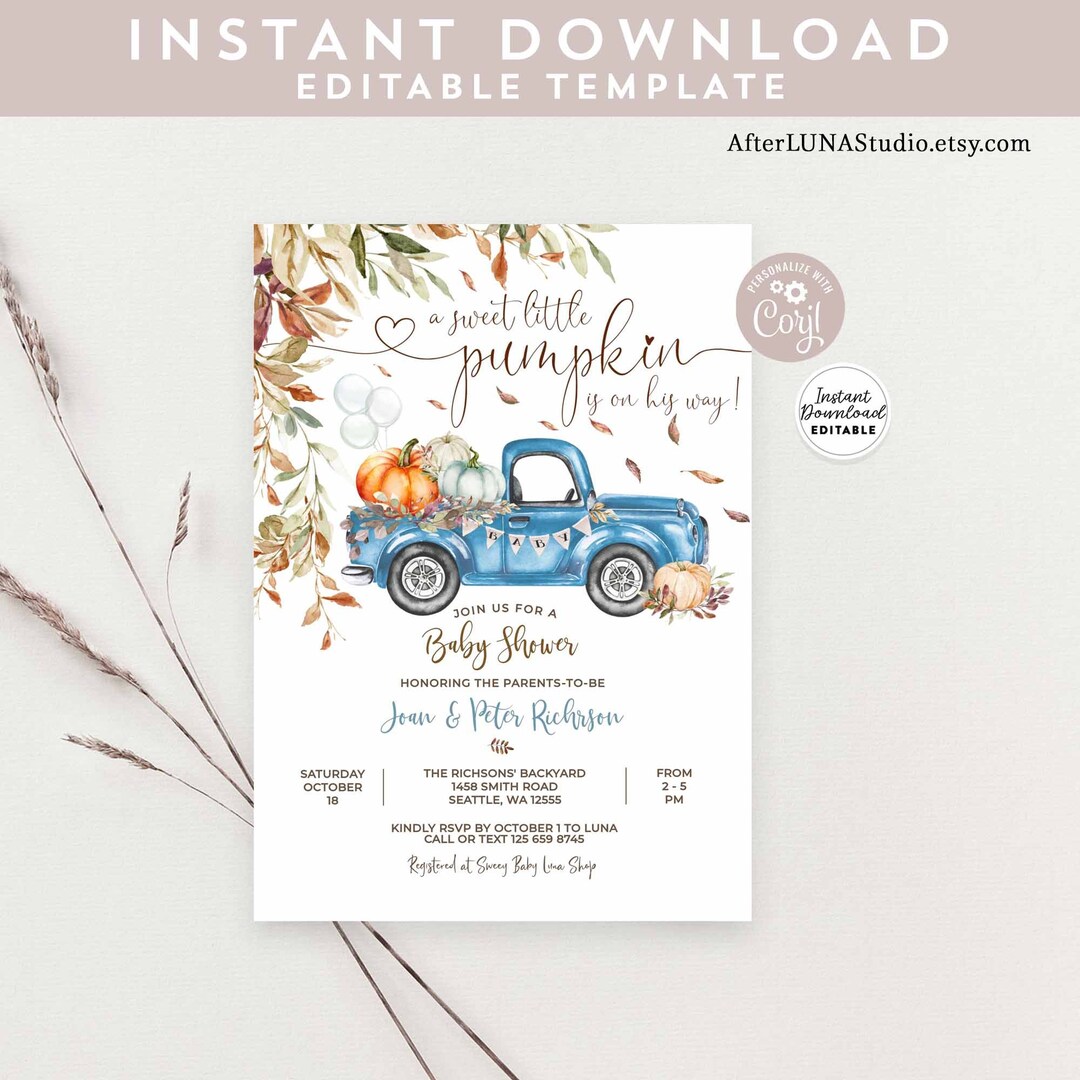 Editable Fall Blue Pumpkin Pickup Truck Baby Shower Baby Sprinkle ...
