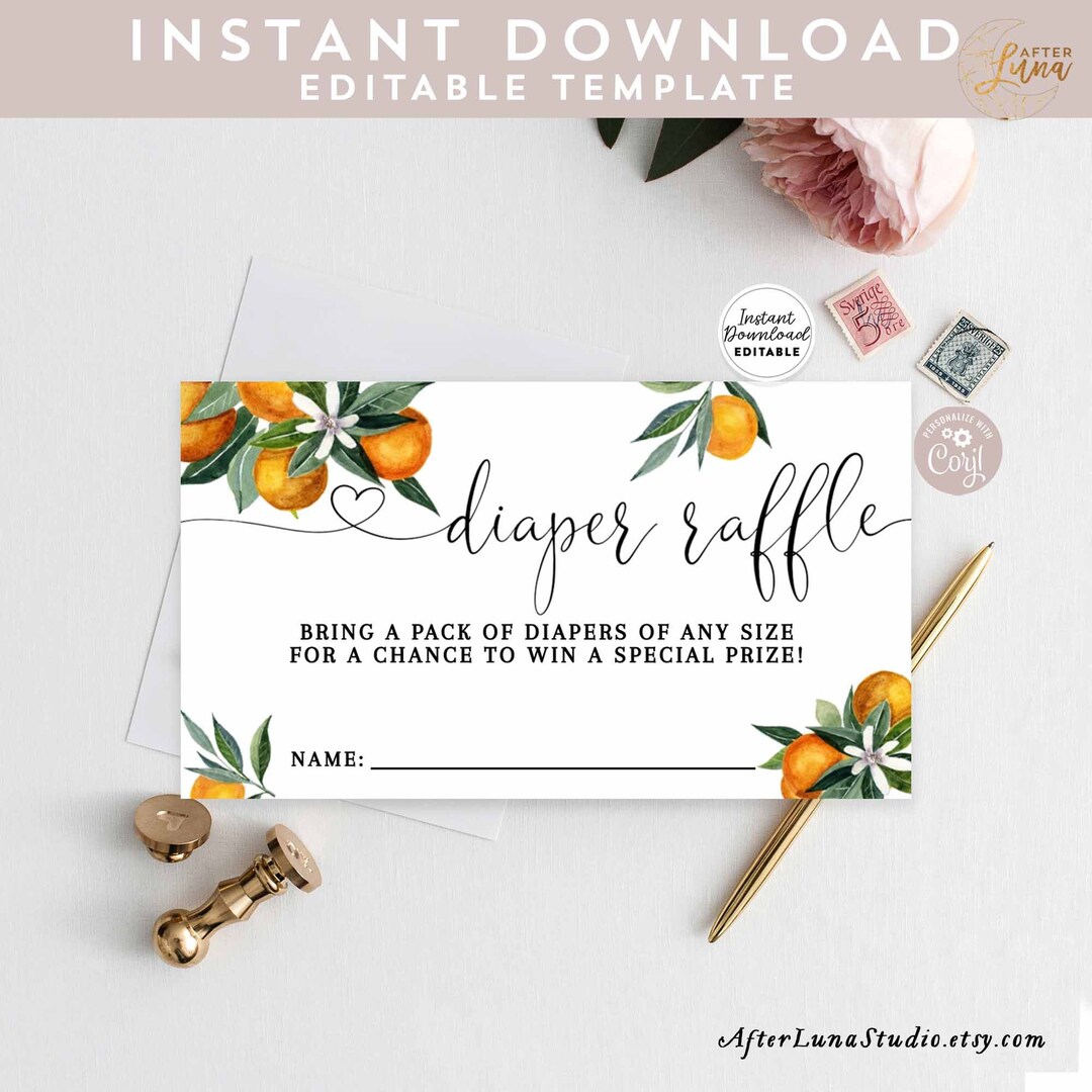 Editable Little Cutie Orange Citrus Baby Shower Diaper Raffle Ticket ...