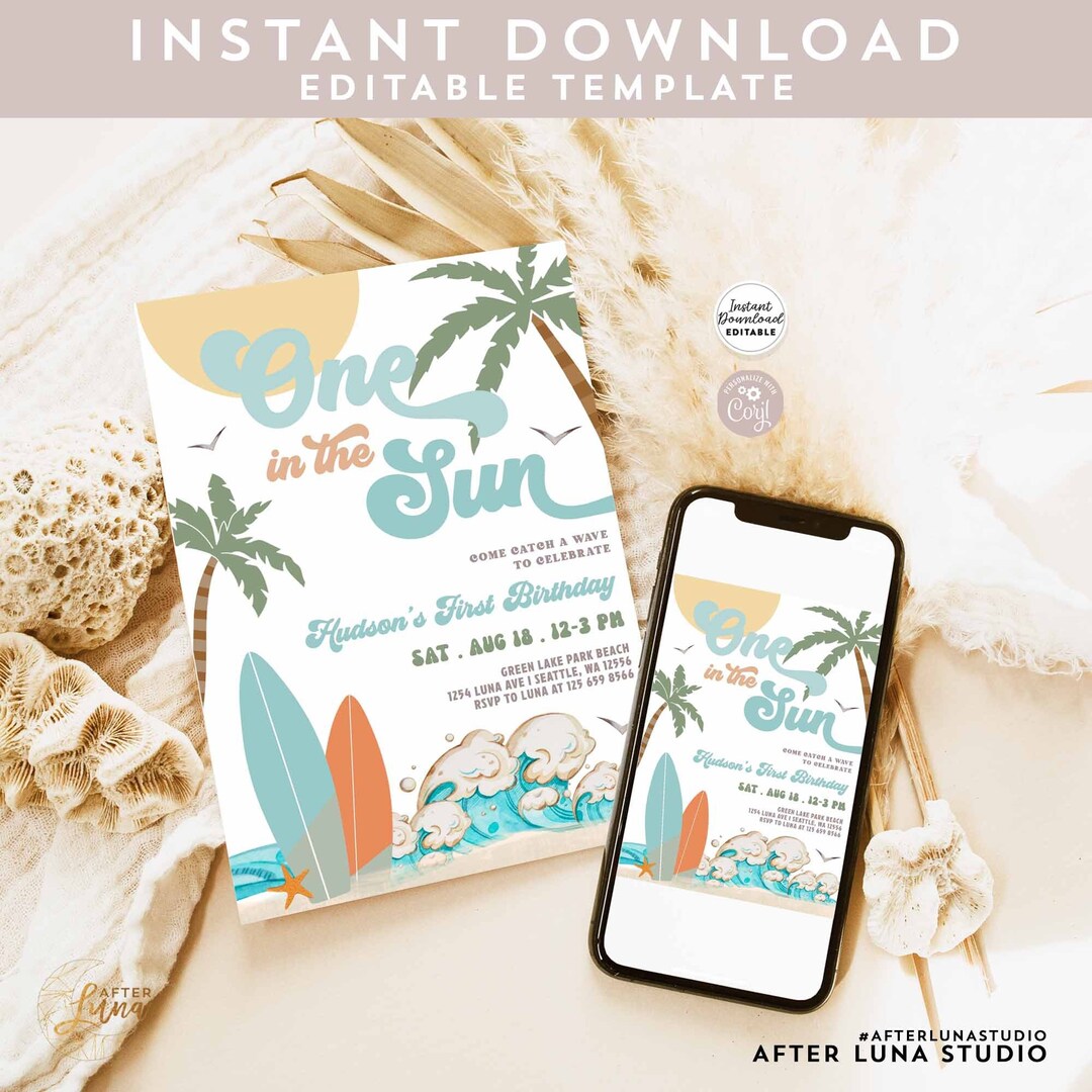 Surfing One in the Sun 1st Birthday Invitation: Surf Beach Birthday ...