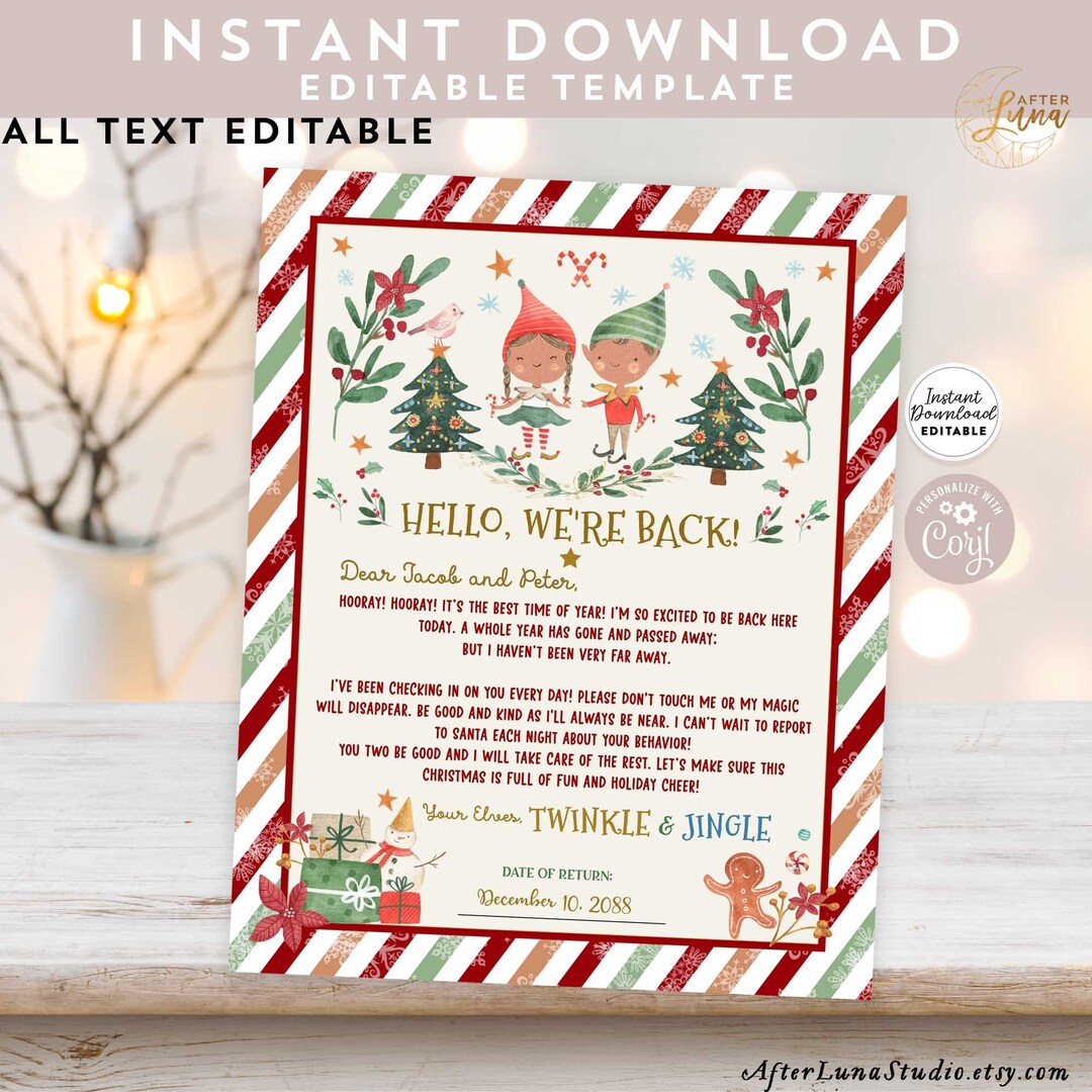 EDITABLE Girl Boy 2 Elves Two Elves Letter Arrival Hello Letter Elf ...