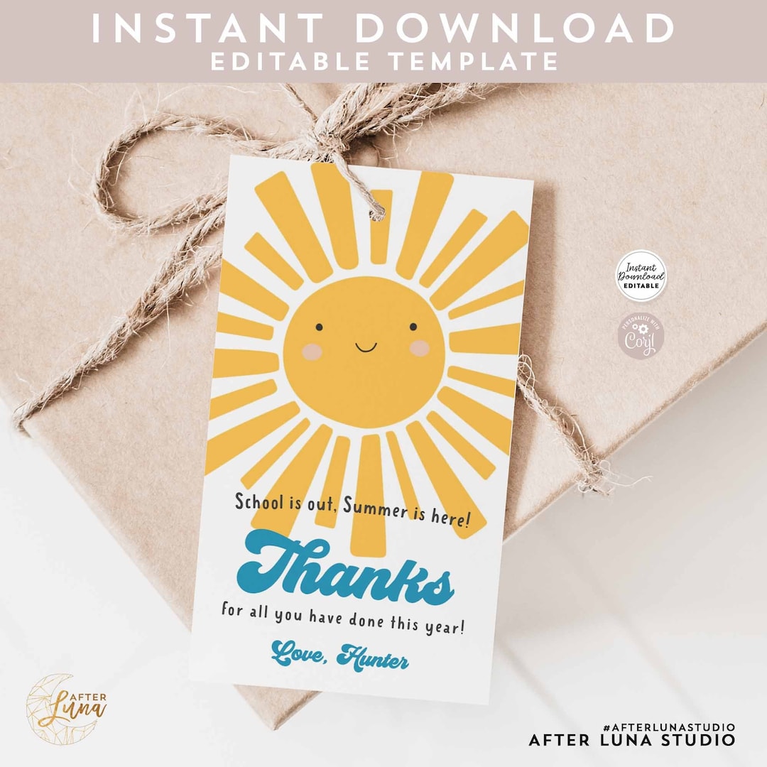 Editable Teacher Appreciation Gift Tags Boy Blue Sun Sunshine School ...